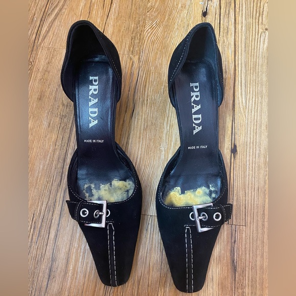 Prada | Shoes | Prada Sz 37 Blackwhitesuede 225 Heels Pumps Buckle ...